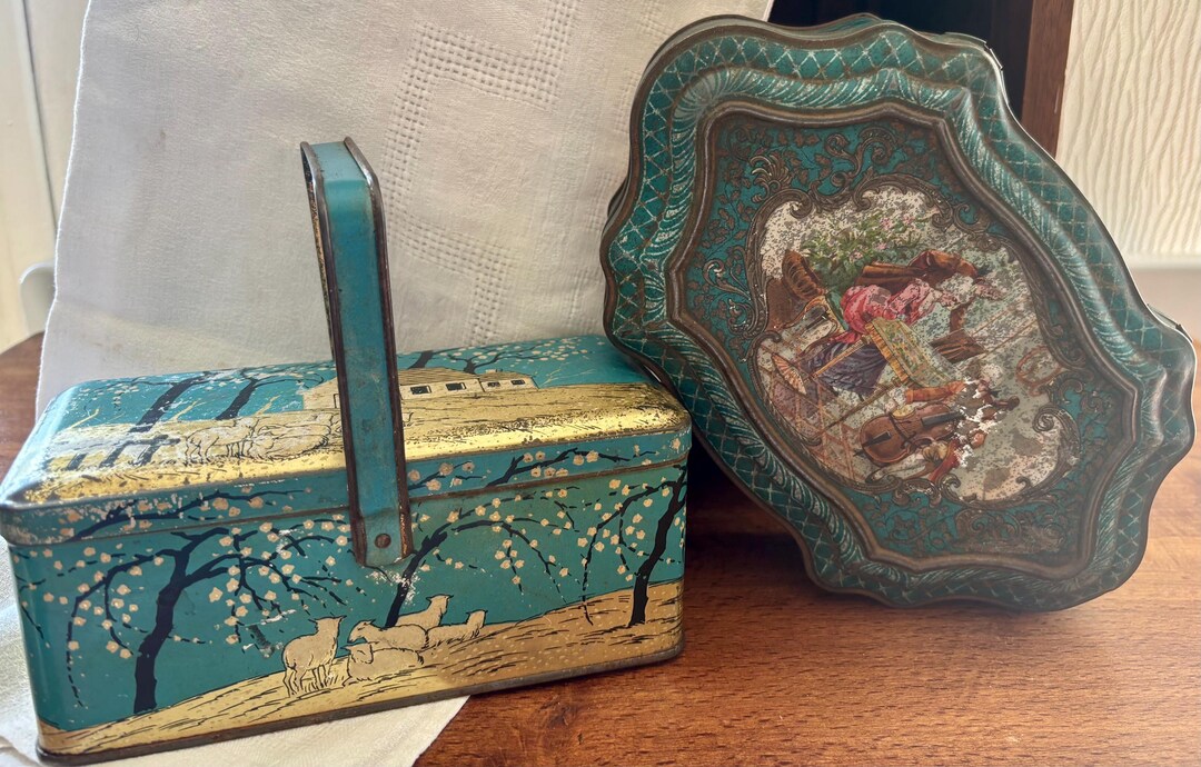 A Pair of Old Metal Decorative French Tins Biscits Pernot, Dijon and an ...