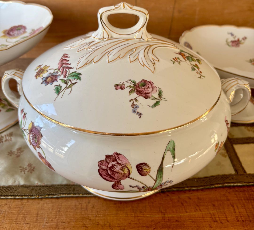 An Antique French Longchamp Floral Hand Painted Moustiers Design Lidded ...