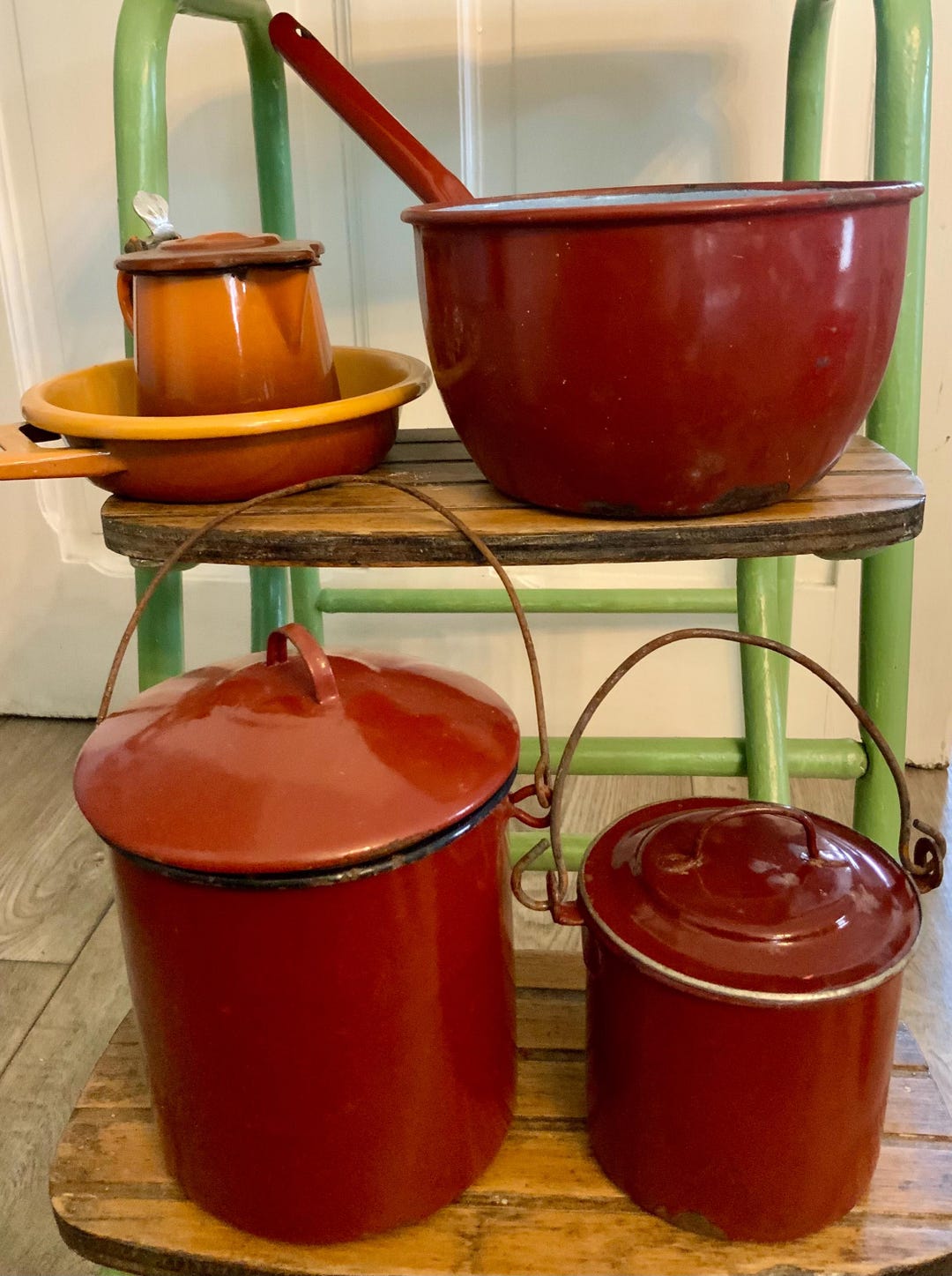 Vintage French Enamel Rustic Pans and Jug - Etsy