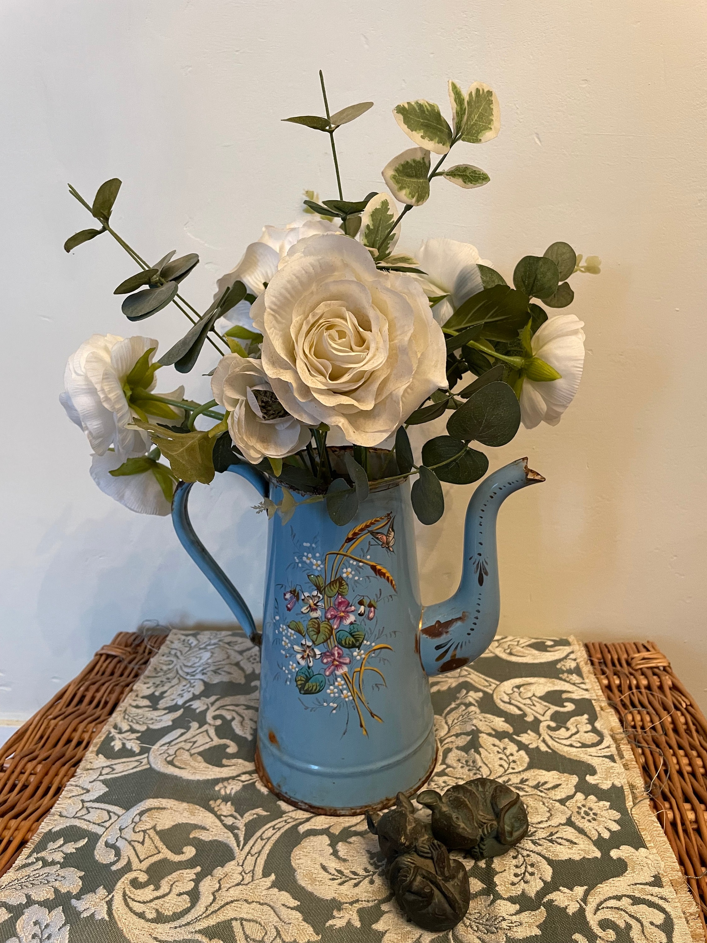French Graniteware Blue Coffee Pot With Raised Flowers - Etsy