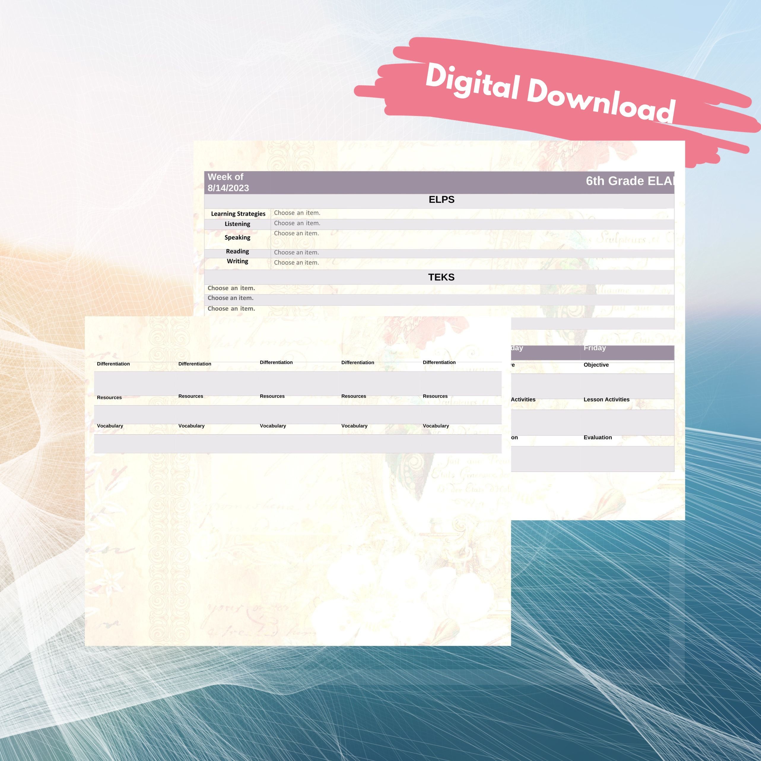 Texas 6th Grade ELAR Weekly Lesson Plan Template With Drop-down List ...