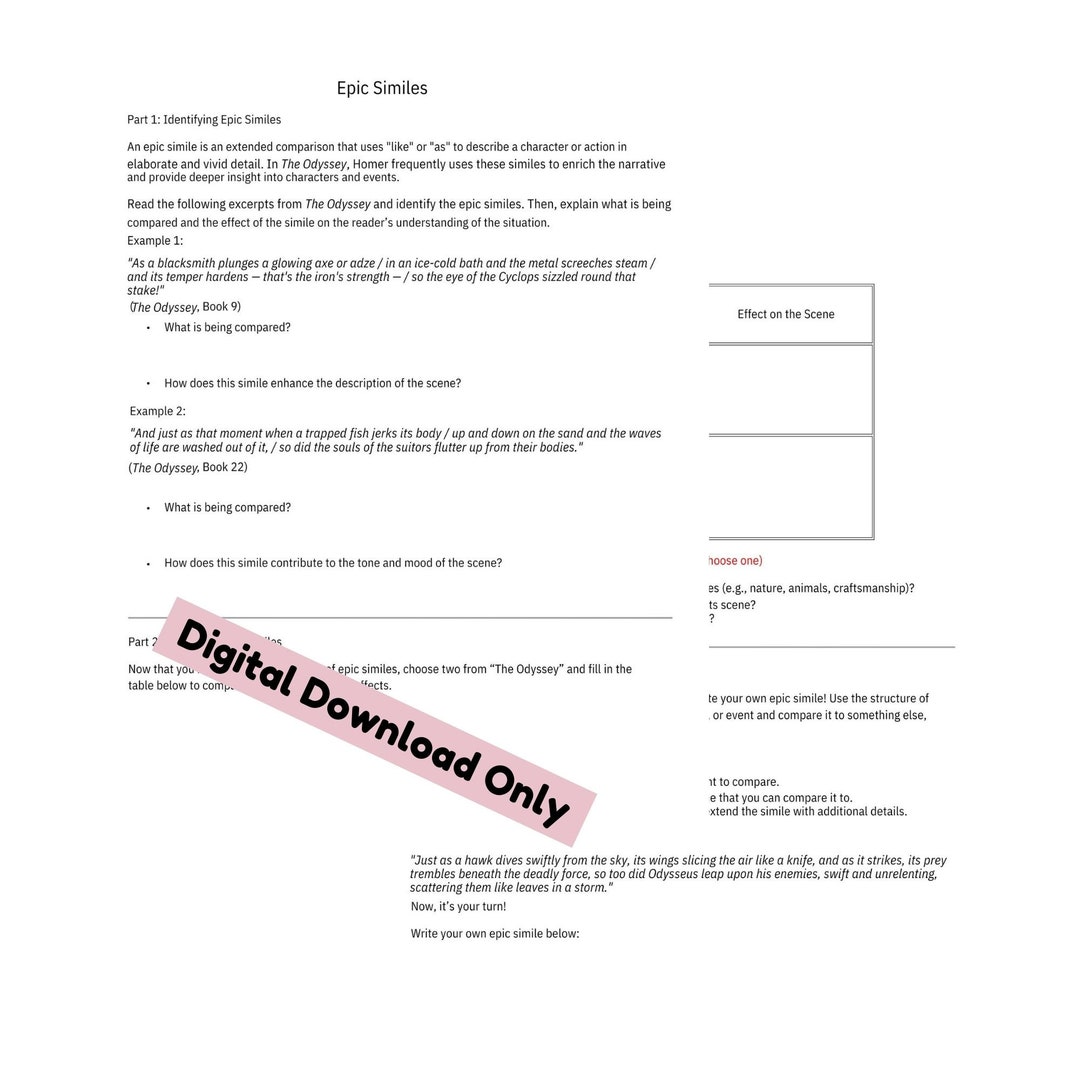 Epic Simile Activity for Use With "the Odyssey" - Etsy