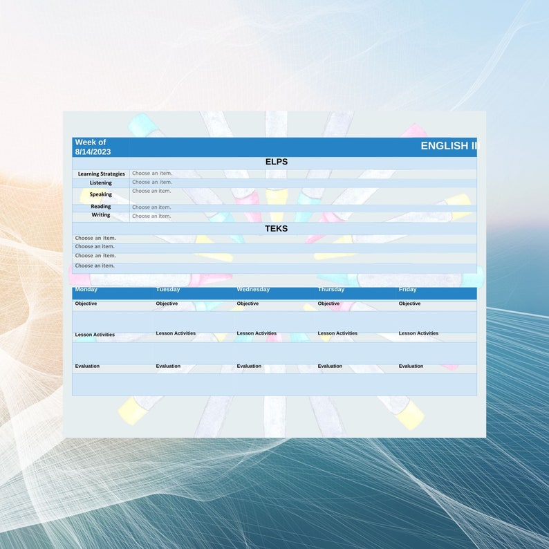 Texas English II Weekly Lesson Plan Template With Drop-down List of ...