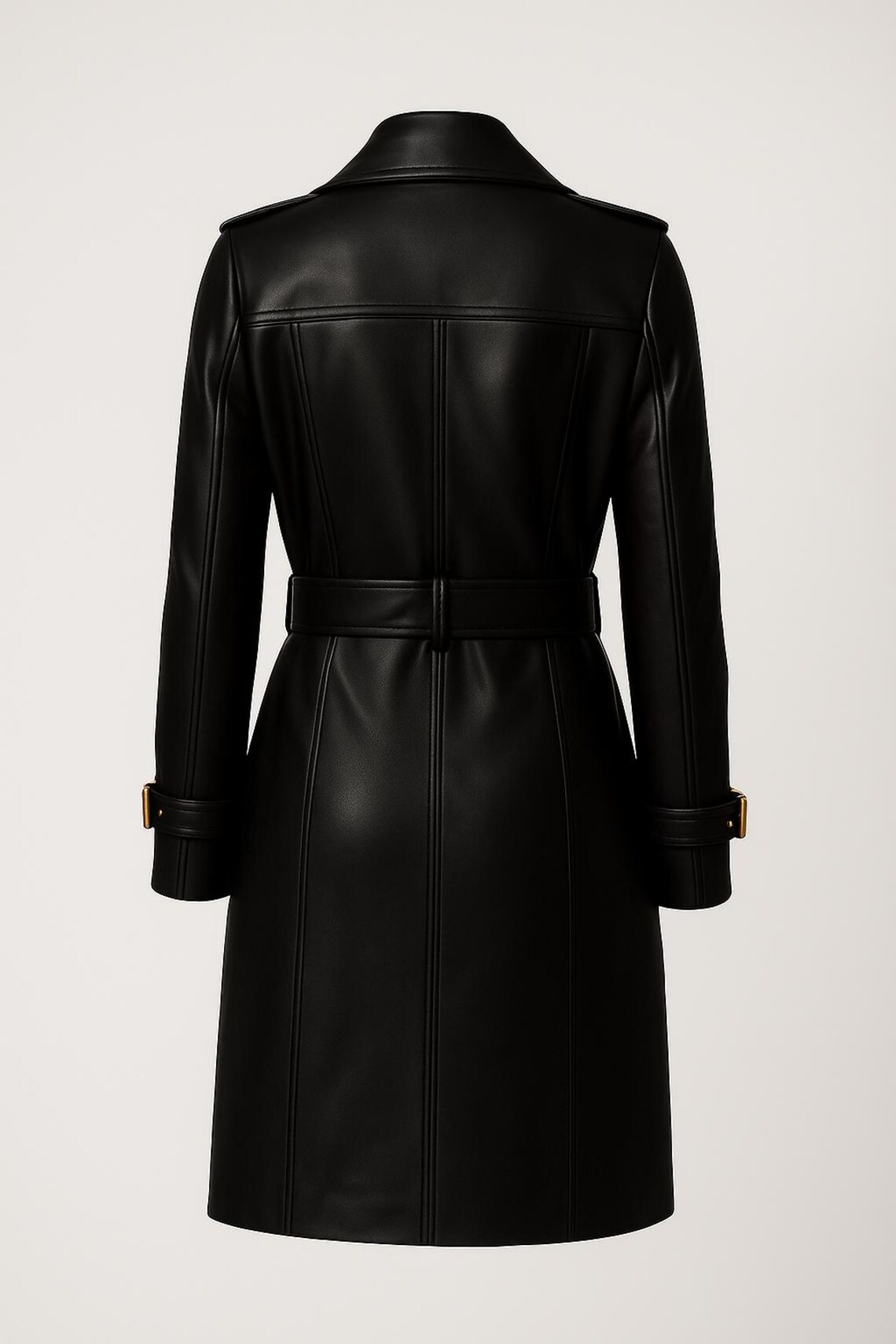 Black Leather Trench Coat | Double Breasted Belted Jacket With Gold ...