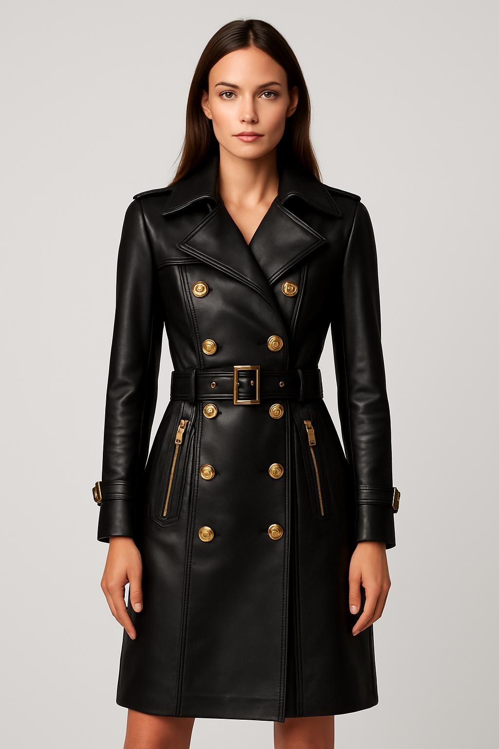 Black Leather Trench Coat | Double Breasted Belted Jacket With Gold ...
