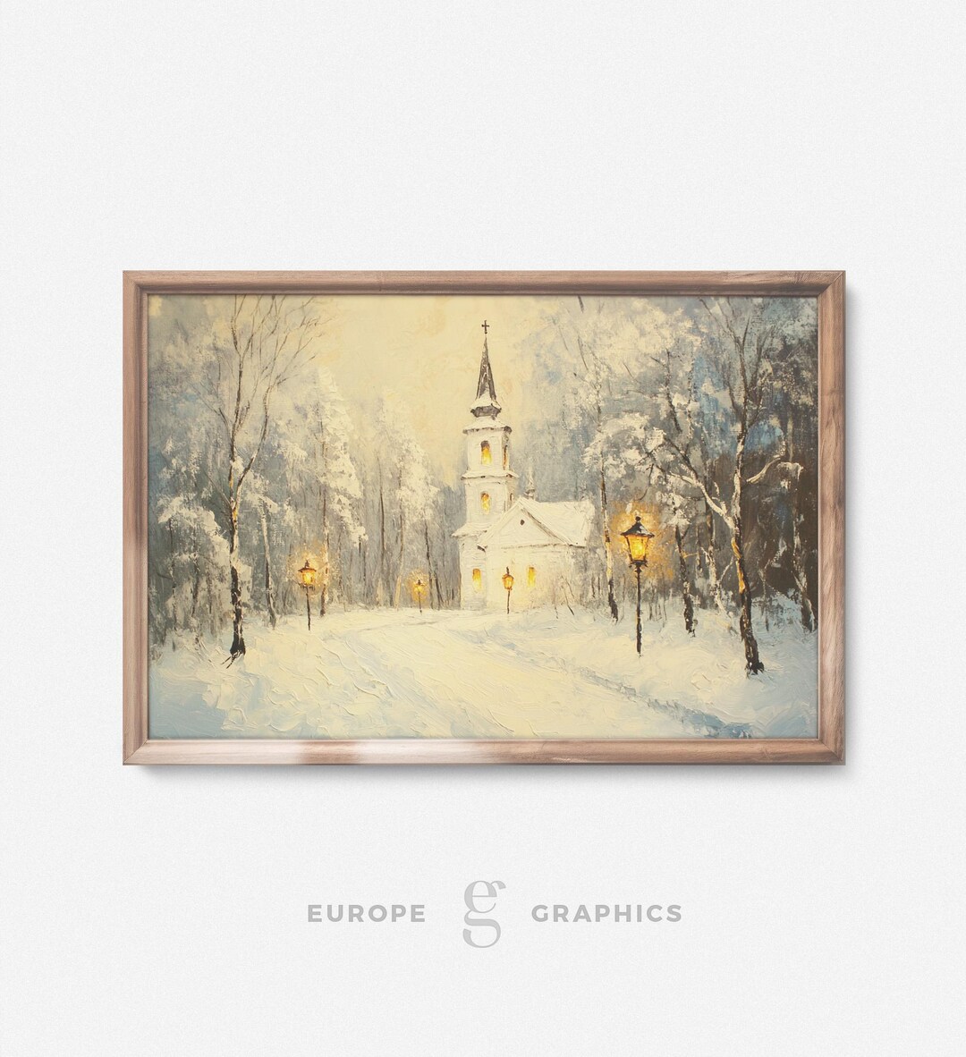Winter Church Glow - Christian Religious Art, Snowy Landscape Vintage ...