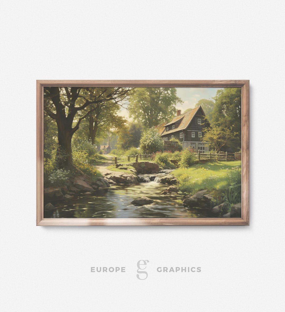 Brookside Cottage - Rustic House Vintage Oil Painting, Countryside ...