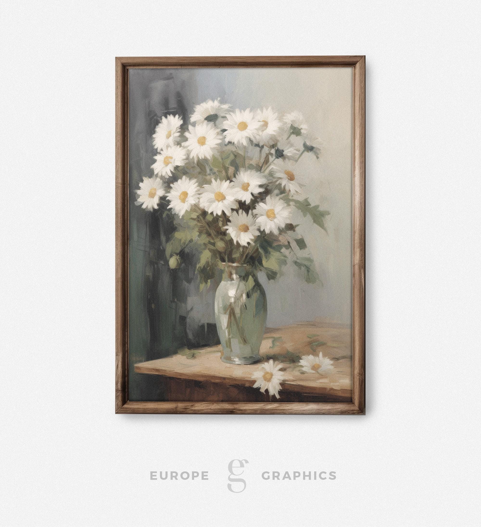 White Daisies in a Vase Vintage Oil Painting, Living Room Wall Art ...