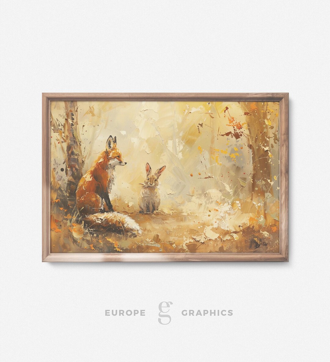 Forest Companions - Fox and Rabbit Landscape Vintage Oil Autumn ...