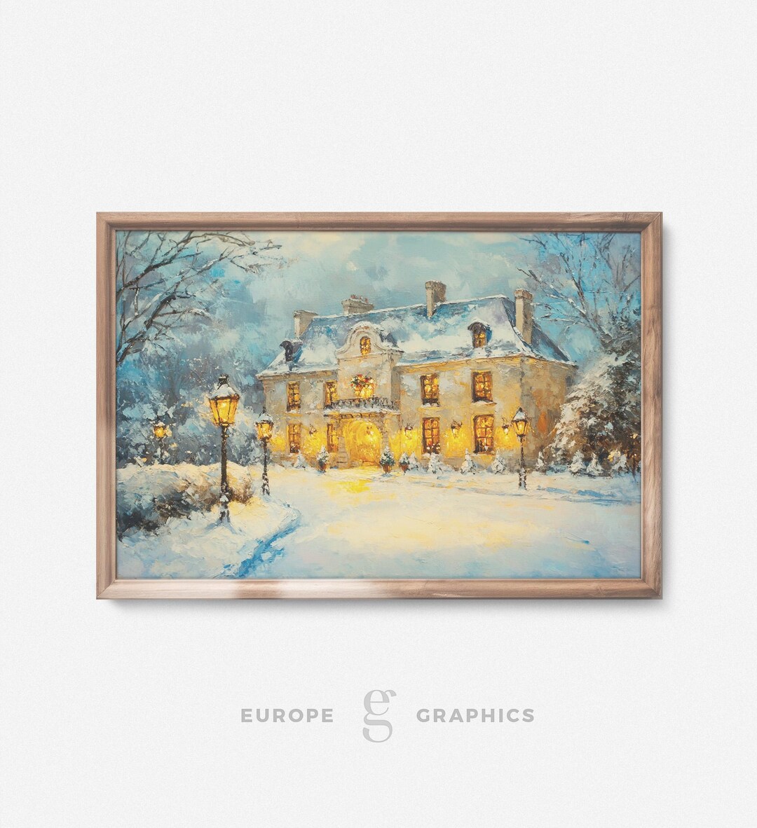 Chateau Winter Glow - French Chateau at Winter Christmas Time, Snowy ...