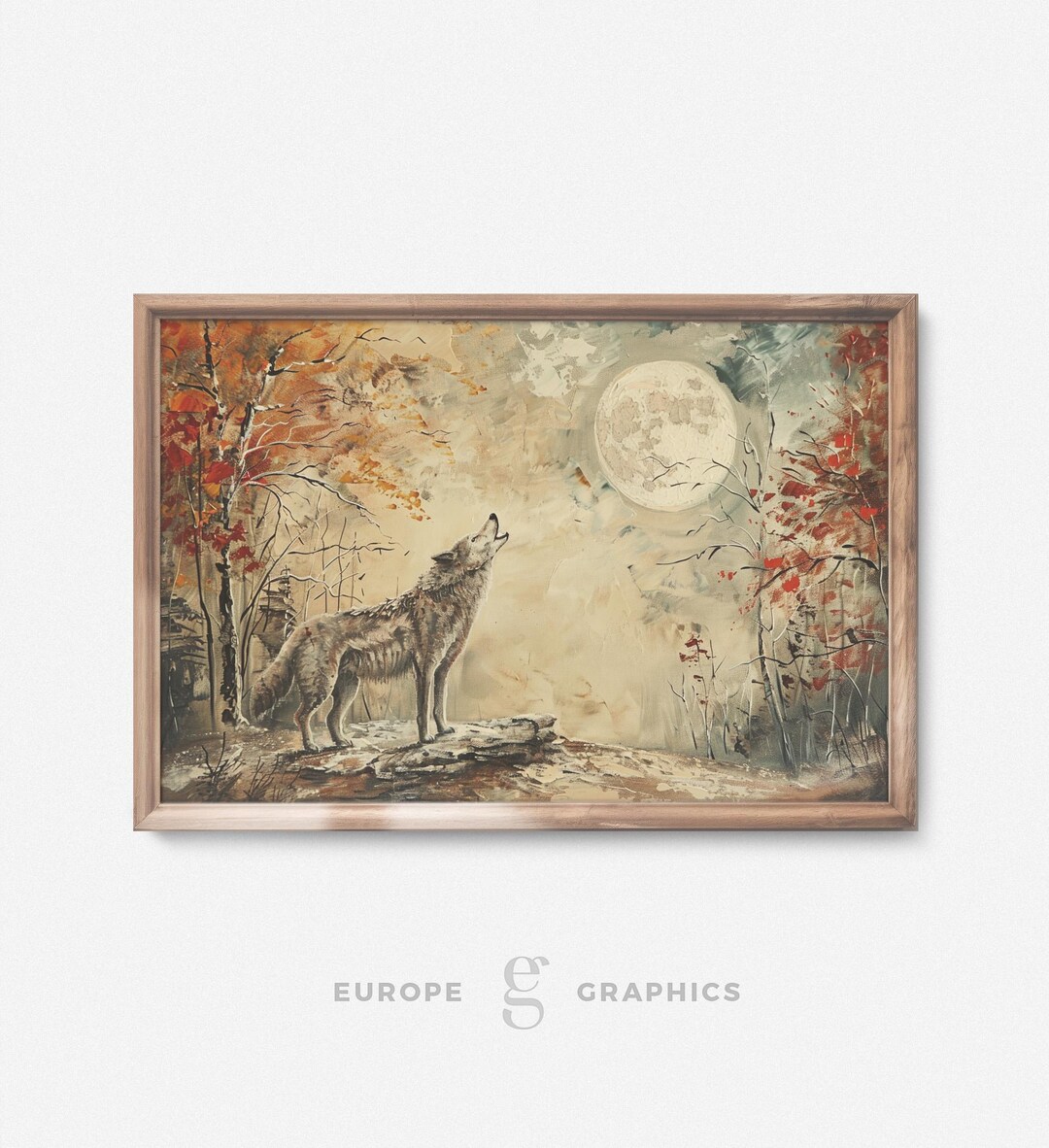 Moonlit Howl - Howling Wolf Landscape Vintage Oil Autumn Painting ...
