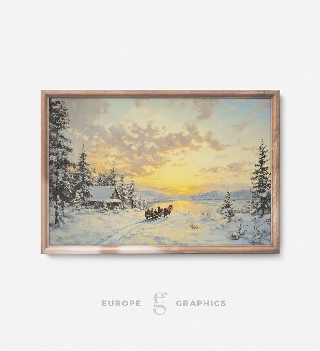 Sunset Sleigh Ride - Horse Sled, Snowy Nature Landscape Vintage Oil ...