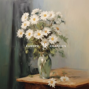 White Daisies in a Vase Vintage Oil Painting, Living Room Wall Art ...