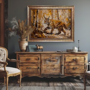 Lynx Stroll - Red Lynx Landscape Vintage Oil Painting, Bobcat Artwork ...