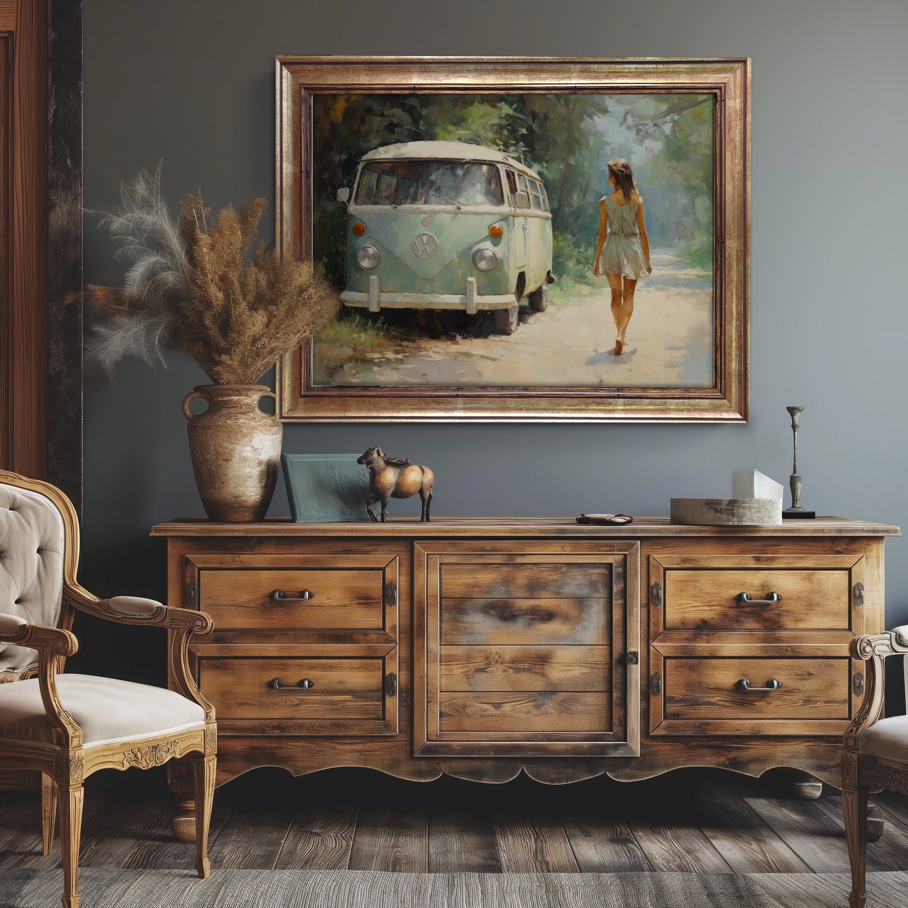 Vintage Voyage Vintage Car Landscape Oil Painting, Vintage Oil Painting ...