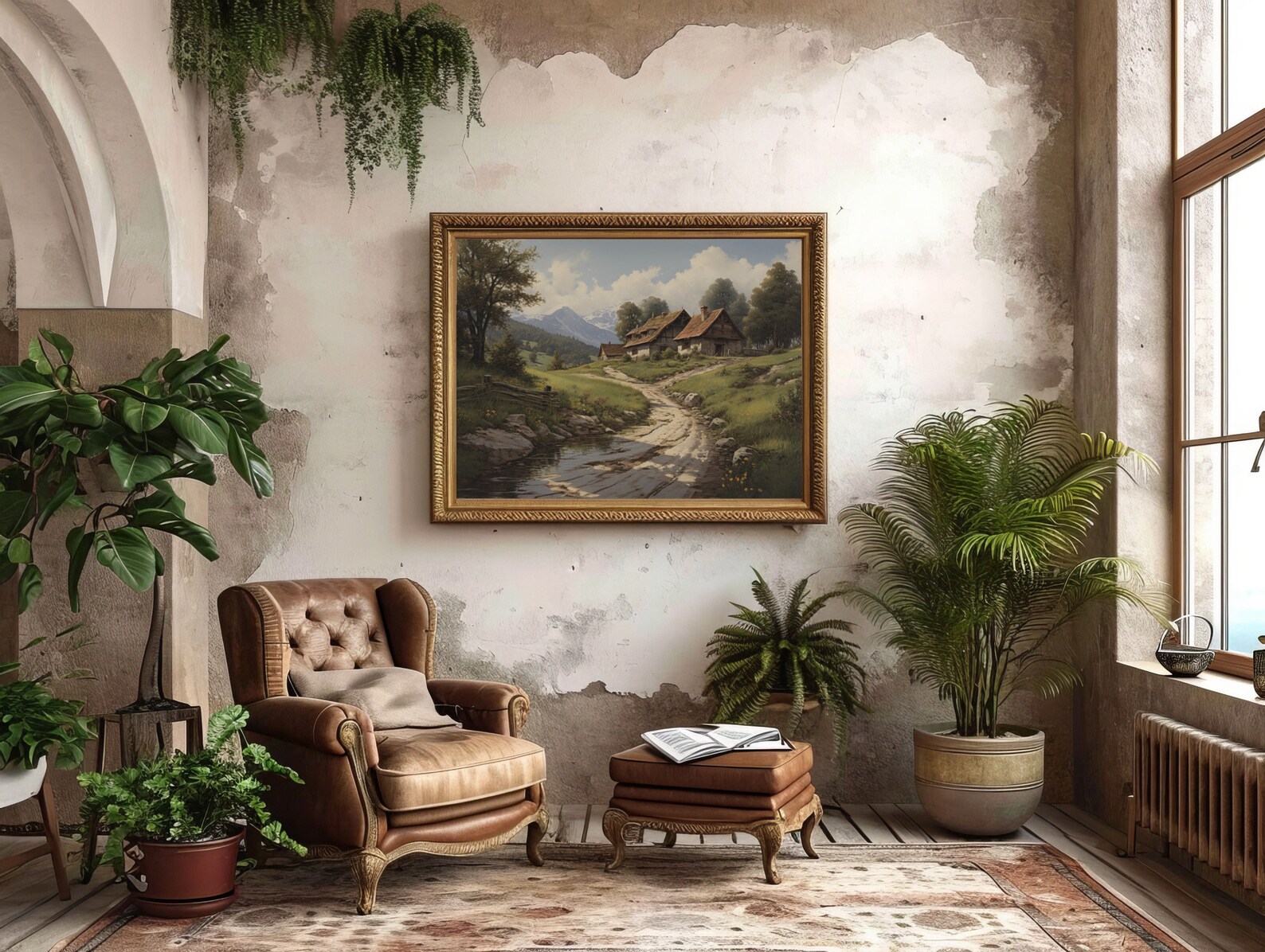 Alpine Retreat Rustic House Landscape Oil Painting, Vintage Oil ...