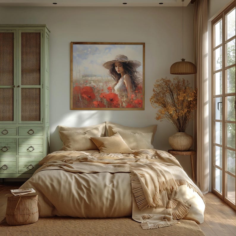 Scarlet Reverie- Lady in a Color Field Vintage Oil Painting Artwork ...