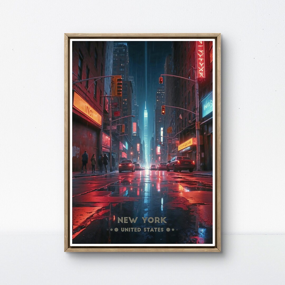 New York Vintage Poster, Futuristic Times Square at Night With Neon ...