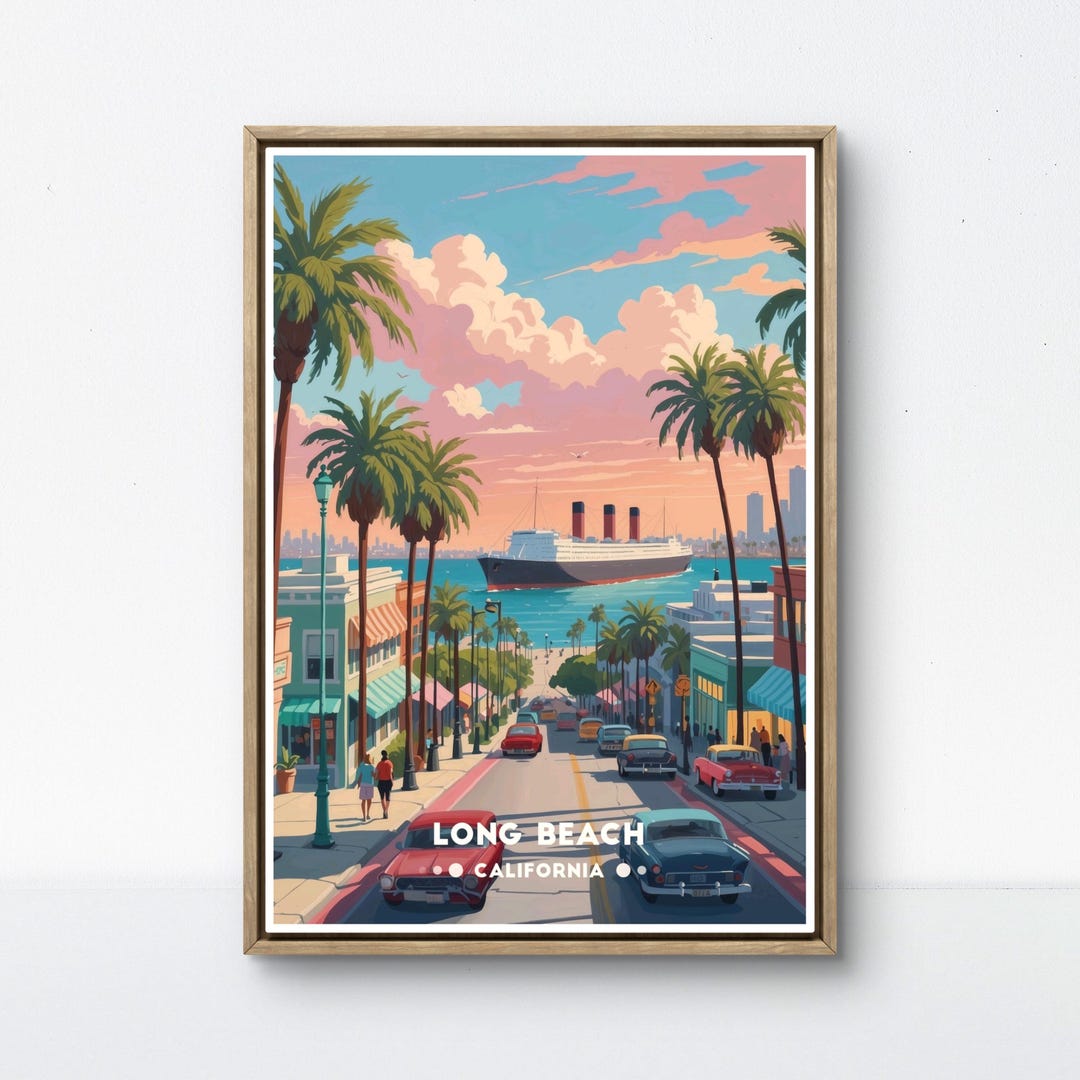 Long Beach Poster: Retro California Street Scene With Queen Mary - Etsy