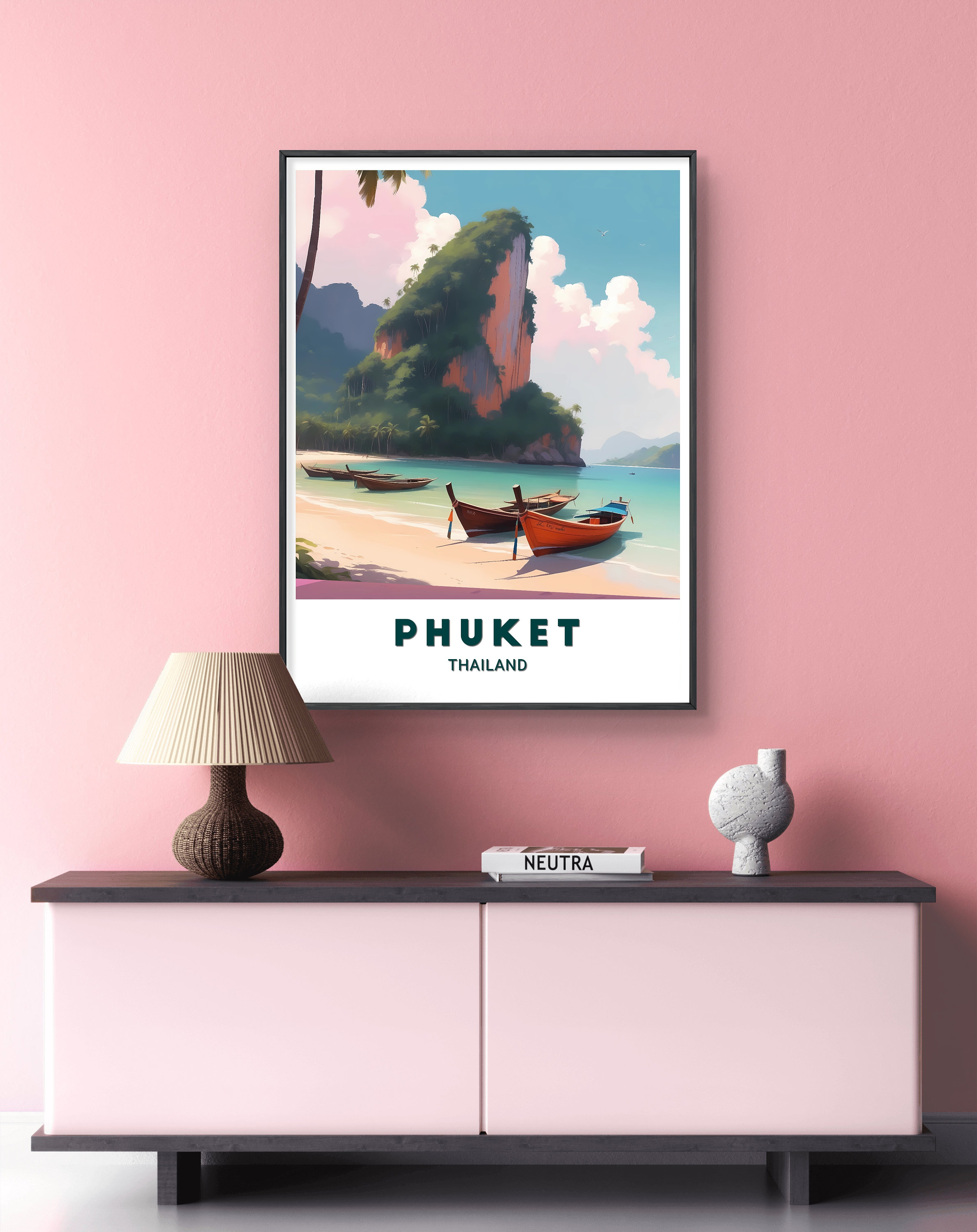 Phuket Poster Scenic Tropical Beach With Traditional Longtail Boats ...