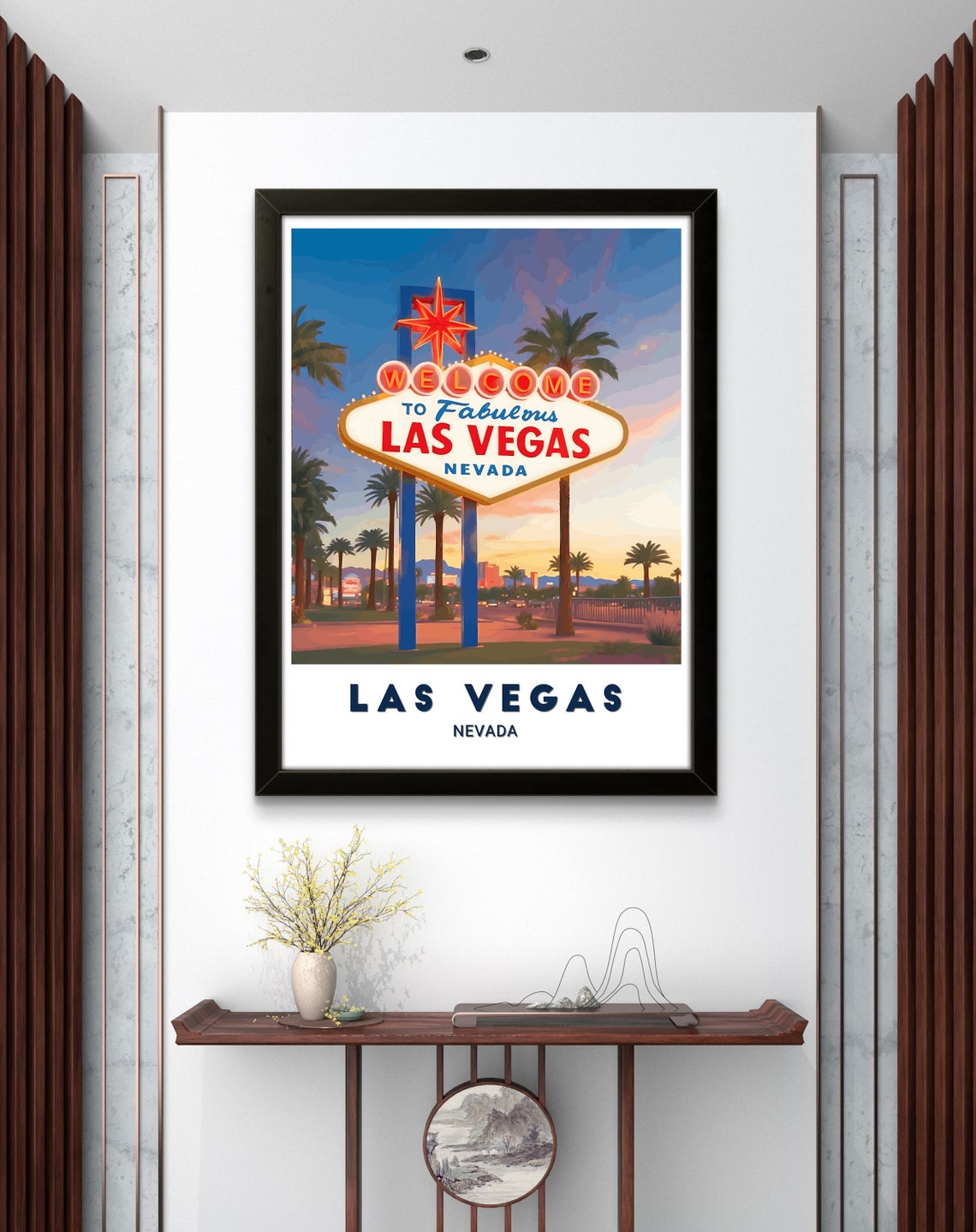 LAS VEGAS Poster: Iconic Welcome Sign and Vibrant Skyline at Sunset ...