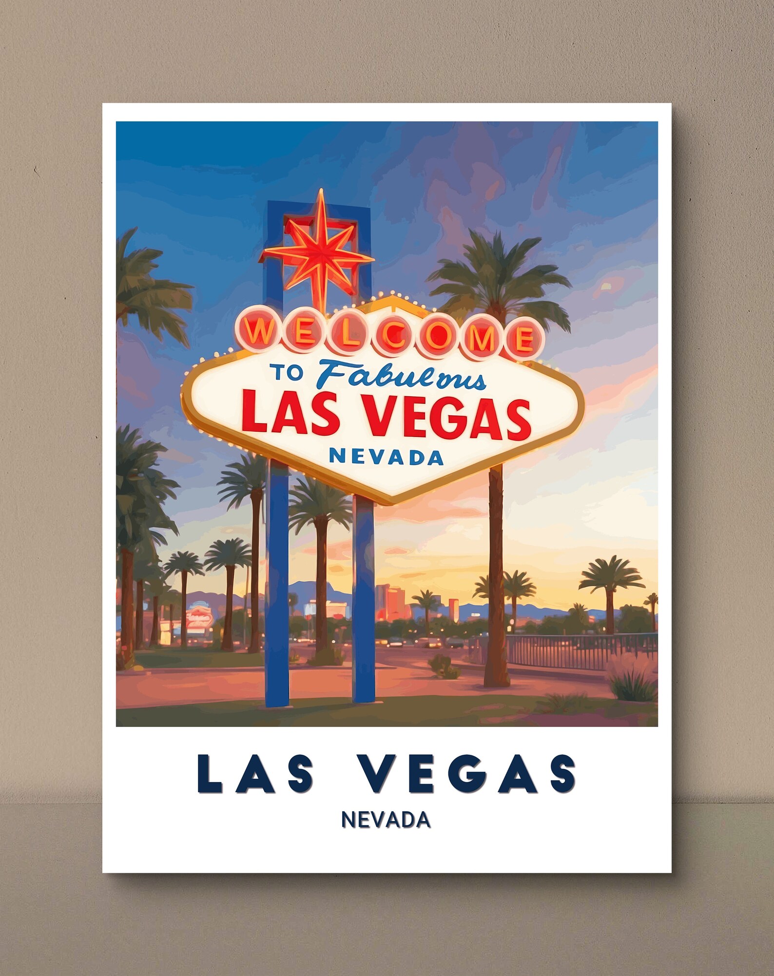 LAS VEGAS Poster: Iconic Welcome Sign and Vibrant Skyline at Sunset ...