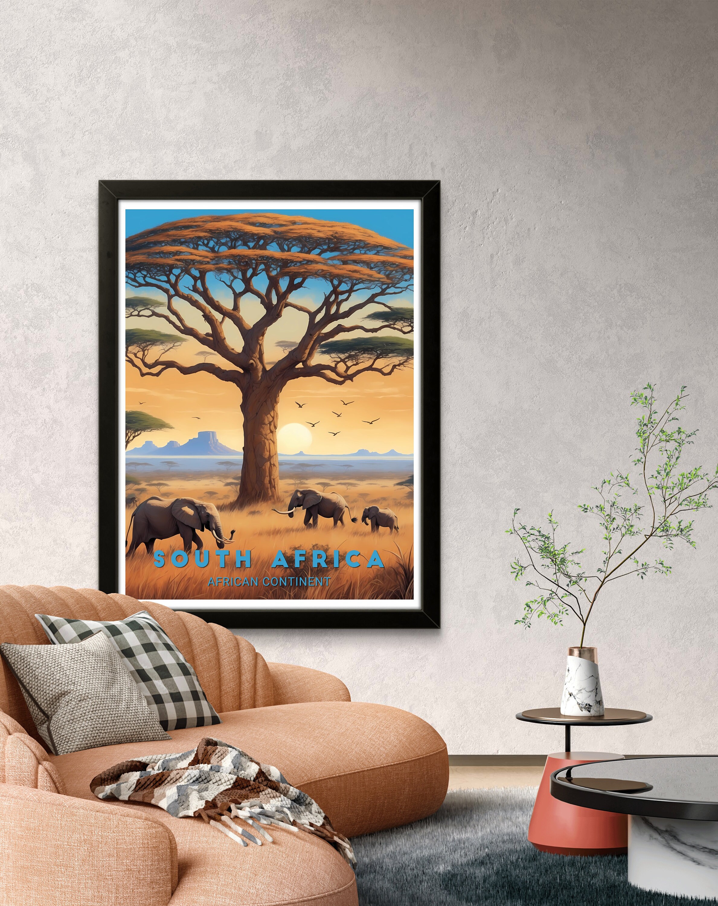 South Africa Poster Majestic African Landscape With Elephants and ...