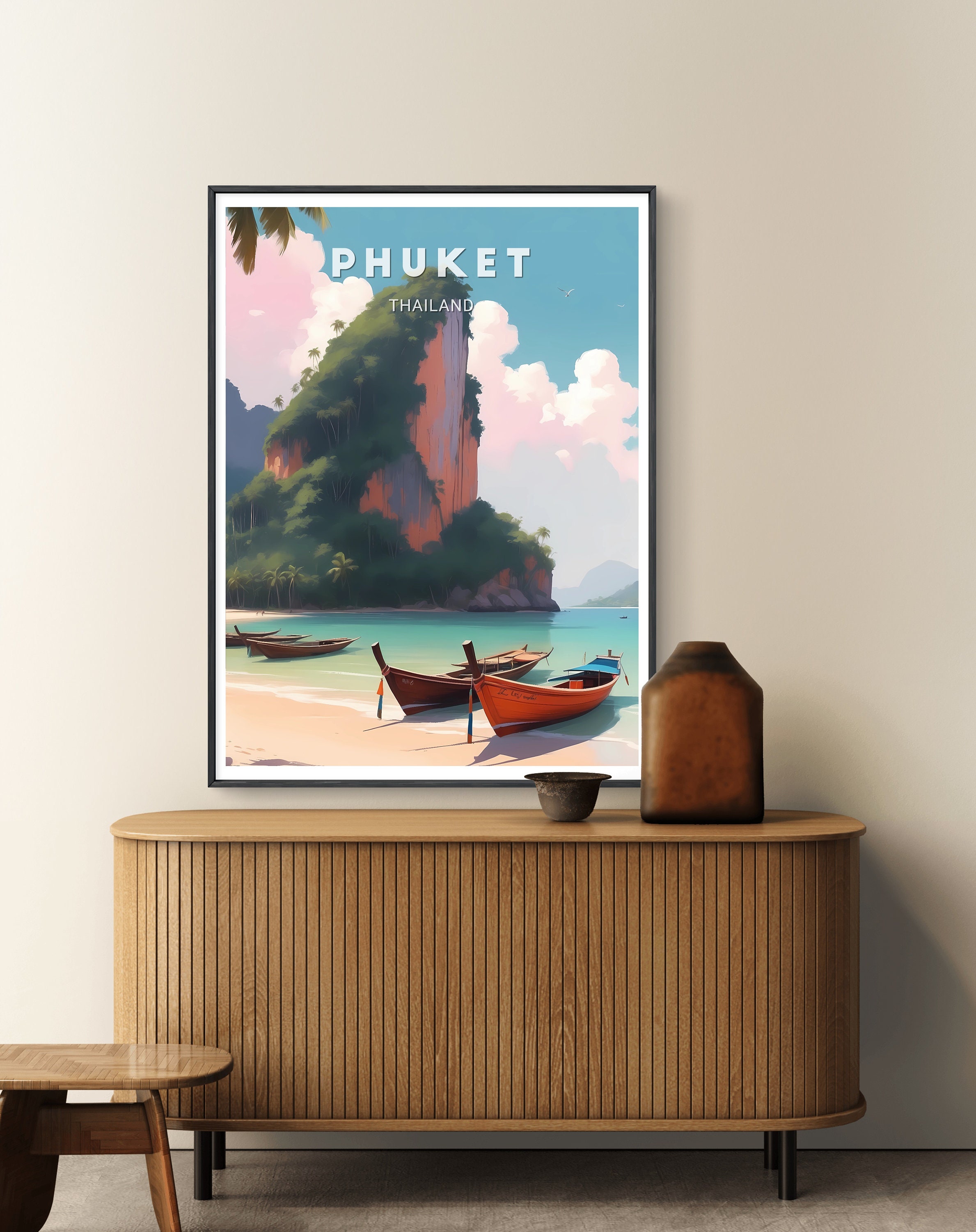 Phuket Poster Scenic Tropical Beach With Traditional Longtail Boats ...