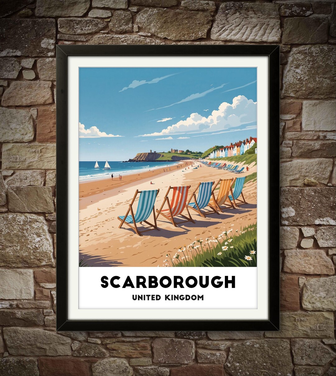 Scarborough Beach Poster Classic UK Coastal Scene With Deck Chairs and Sunny Charm for Beach ...