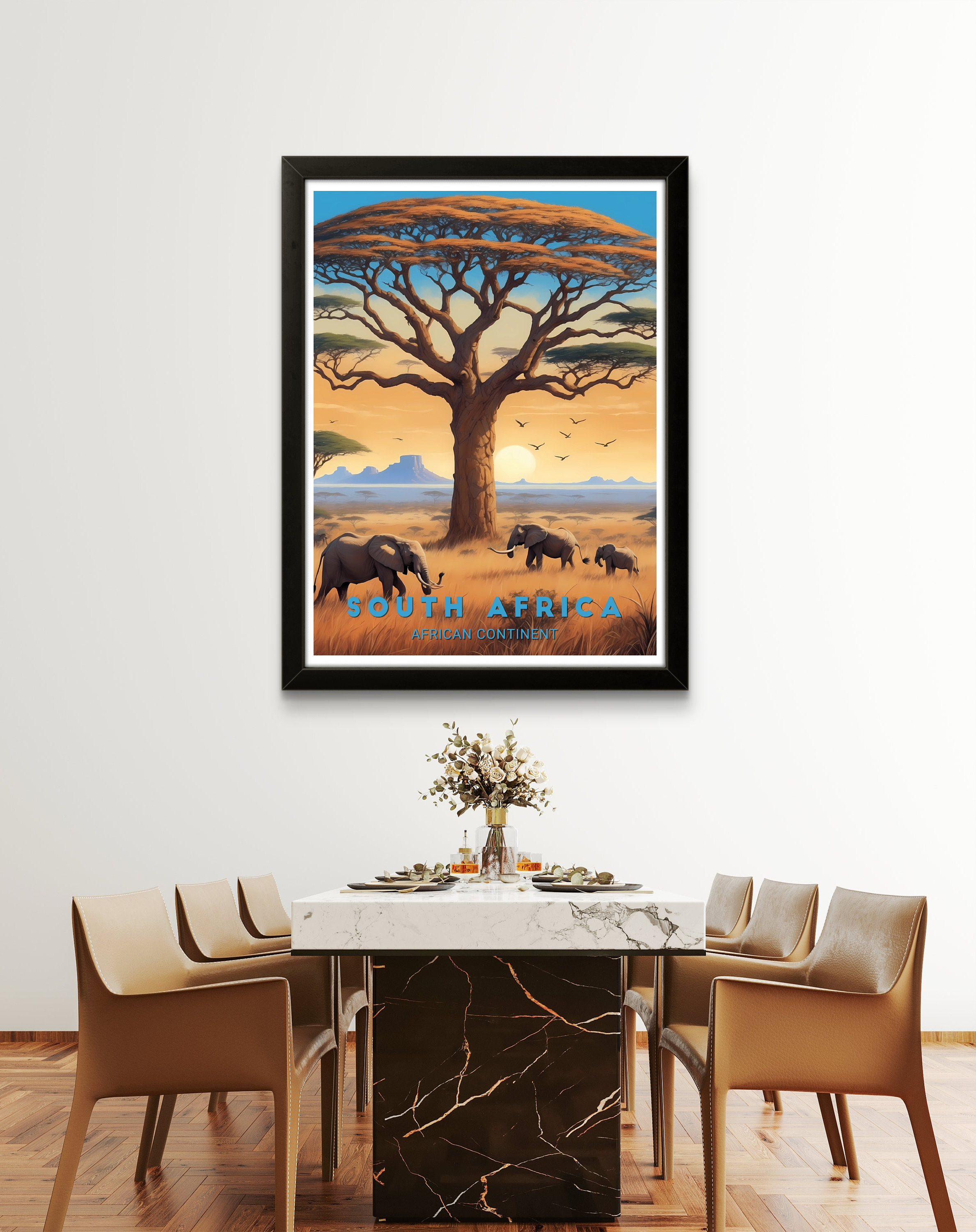 South Africa Poster Majestic African Landscape With Elephants and ...