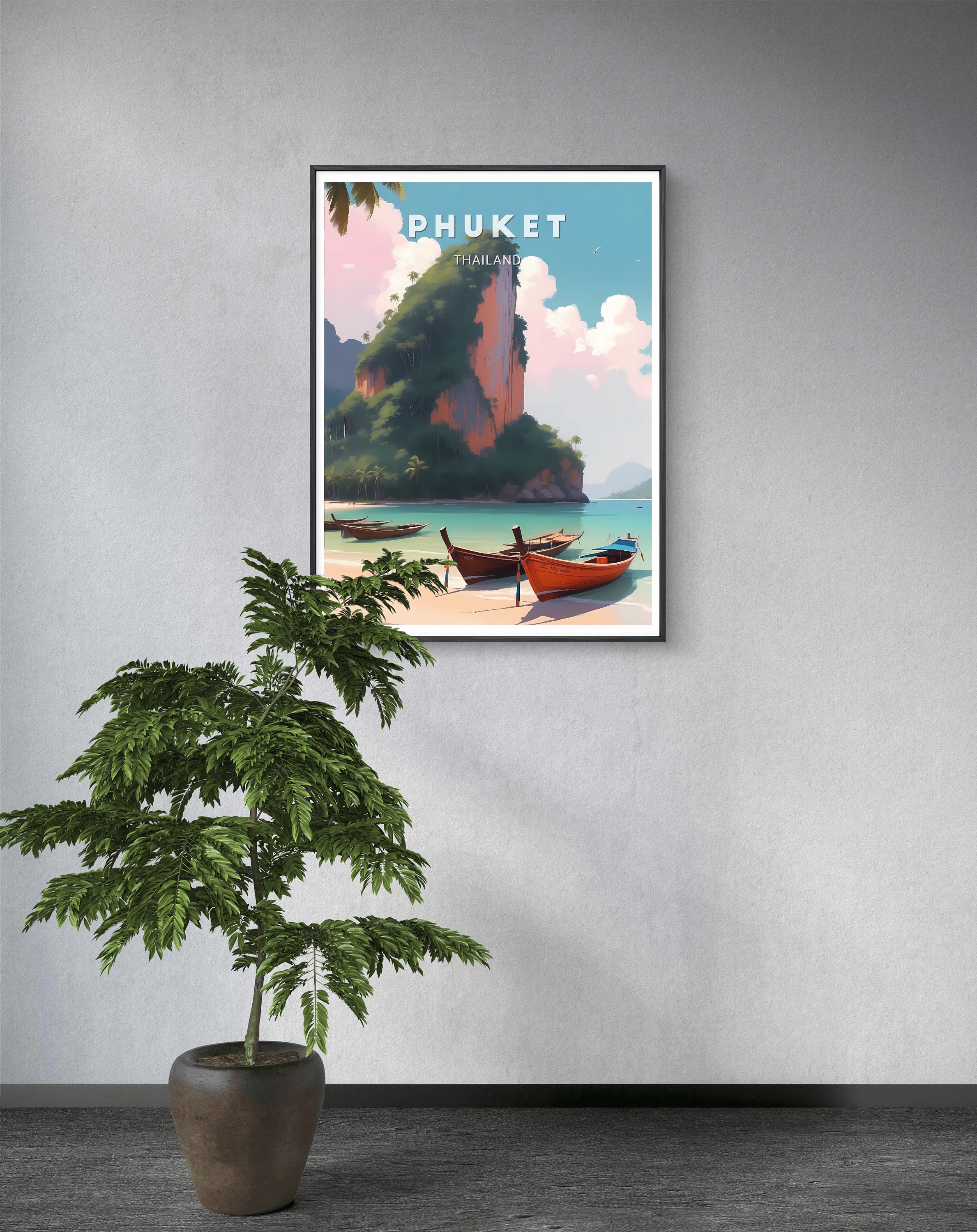 Phuket Poster Scenic Tropical Beach With Traditional Longtail Boats ...