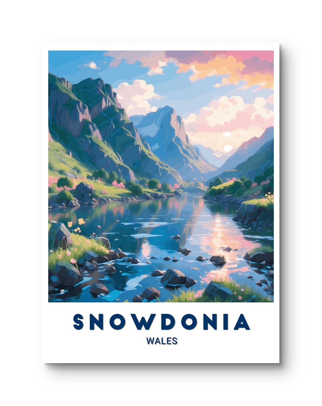 Snowdonia Poster: Serene Mountain and Lake Landscape in Vibrant Colors ...