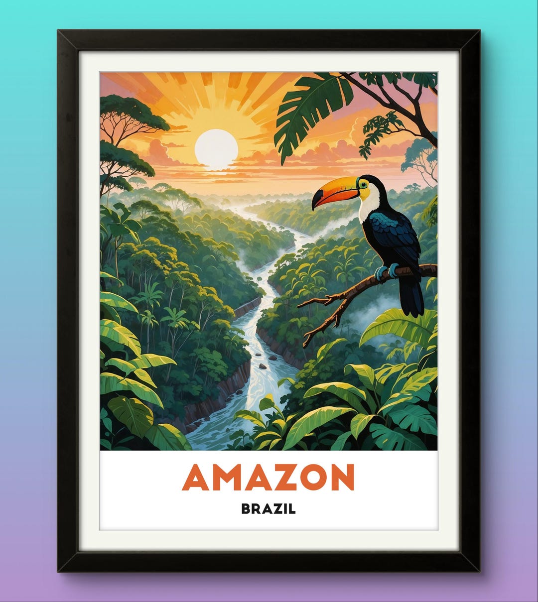 Amazon Rainforest Poster – Vibrant Toucan and Sunset Jungle Wall Art ...