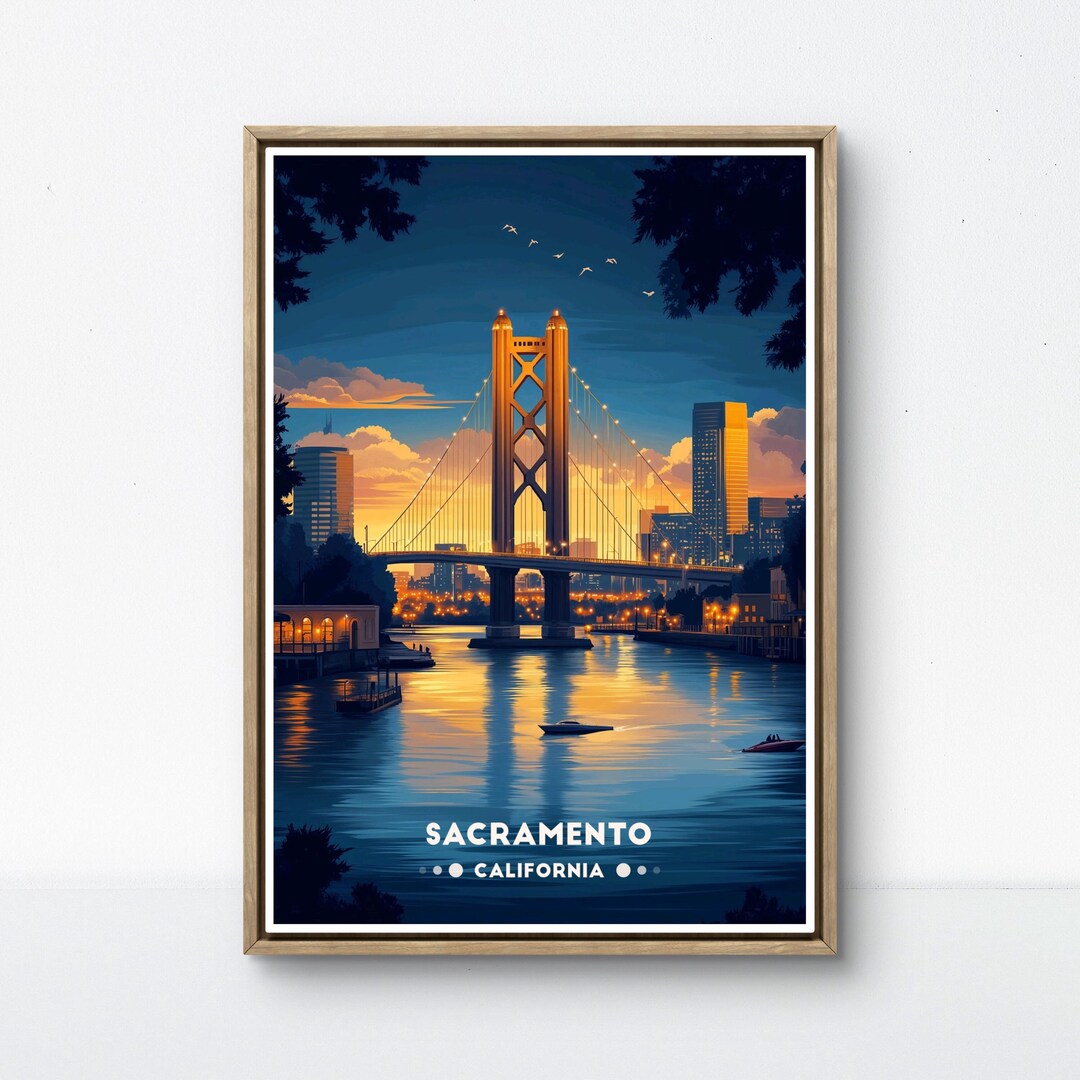 Sacramento Poster, Tower Bridge Night, California Skyline Print, River ...