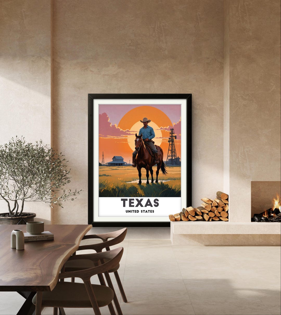 Texas Cowboy Sunset Poster Western Ranch Scene With Horse and Oil Rigs ...