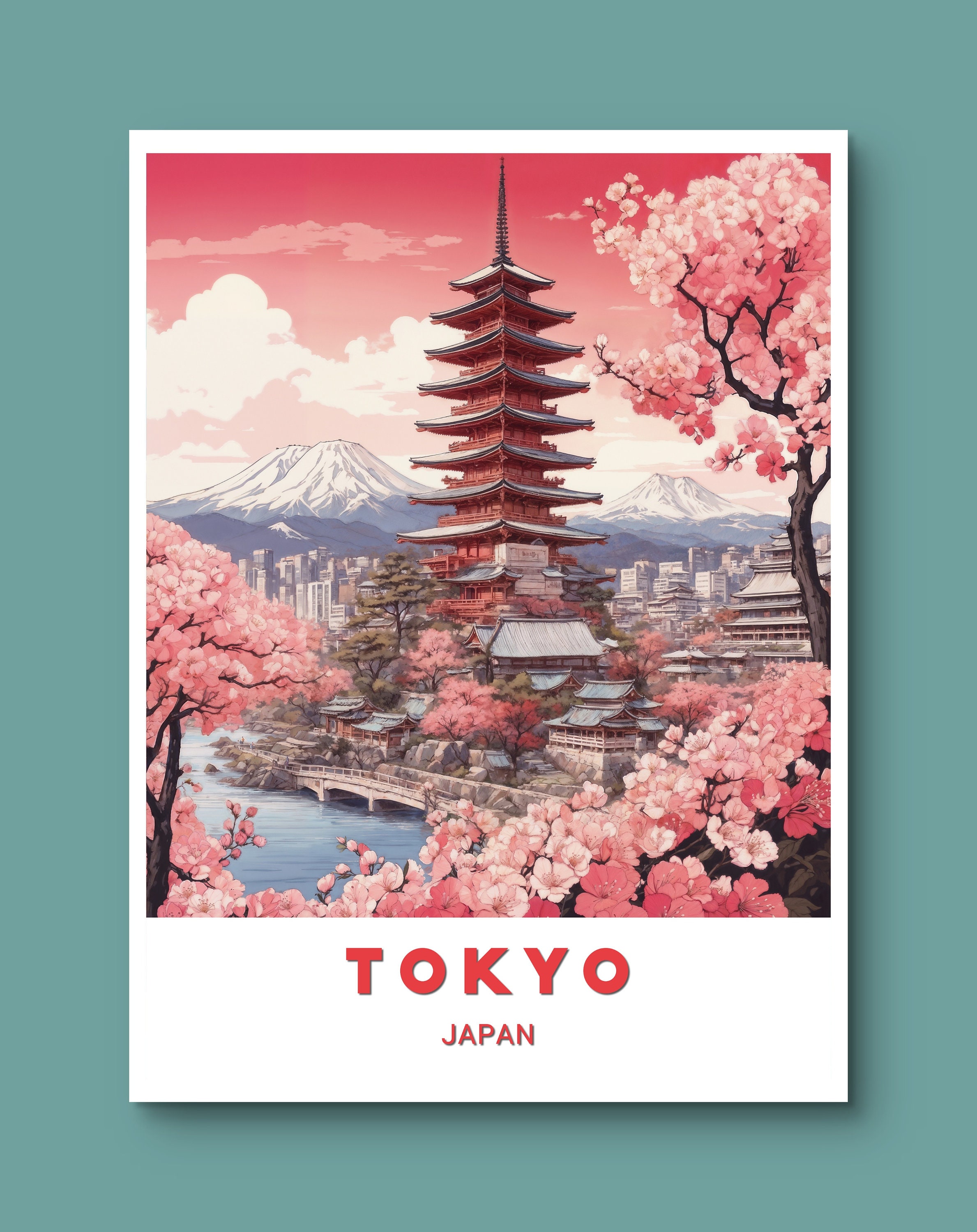 Tokyo Poster Beautiful Print of Tokyo Pagoda With Cherry Blossoms and ...