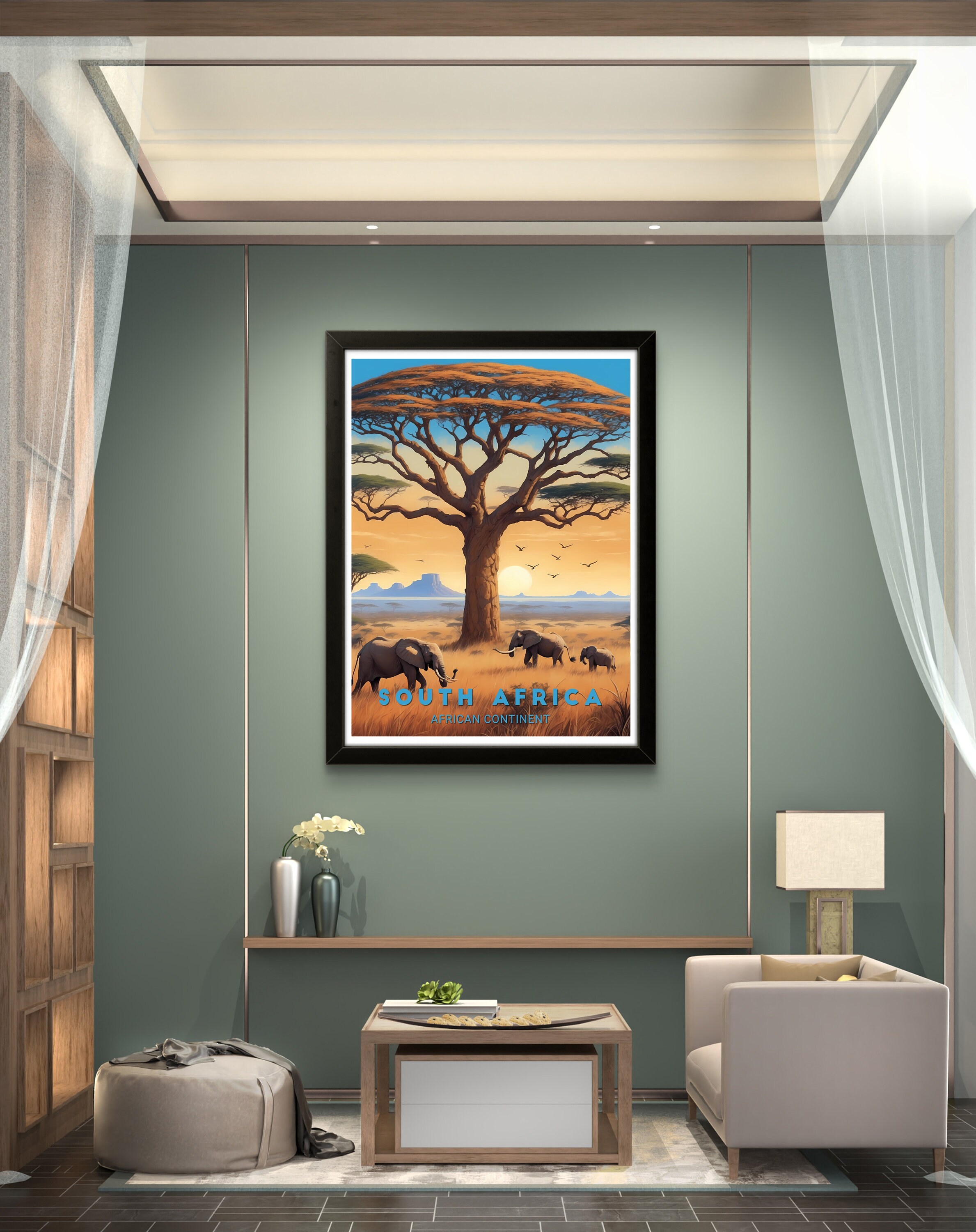 South Africa Poster Majestic African Landscape With Elephants and ...