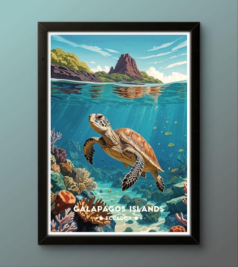 Galapagos Islands Ecuador Vintage Poster Marine Life Scene With Sea ...