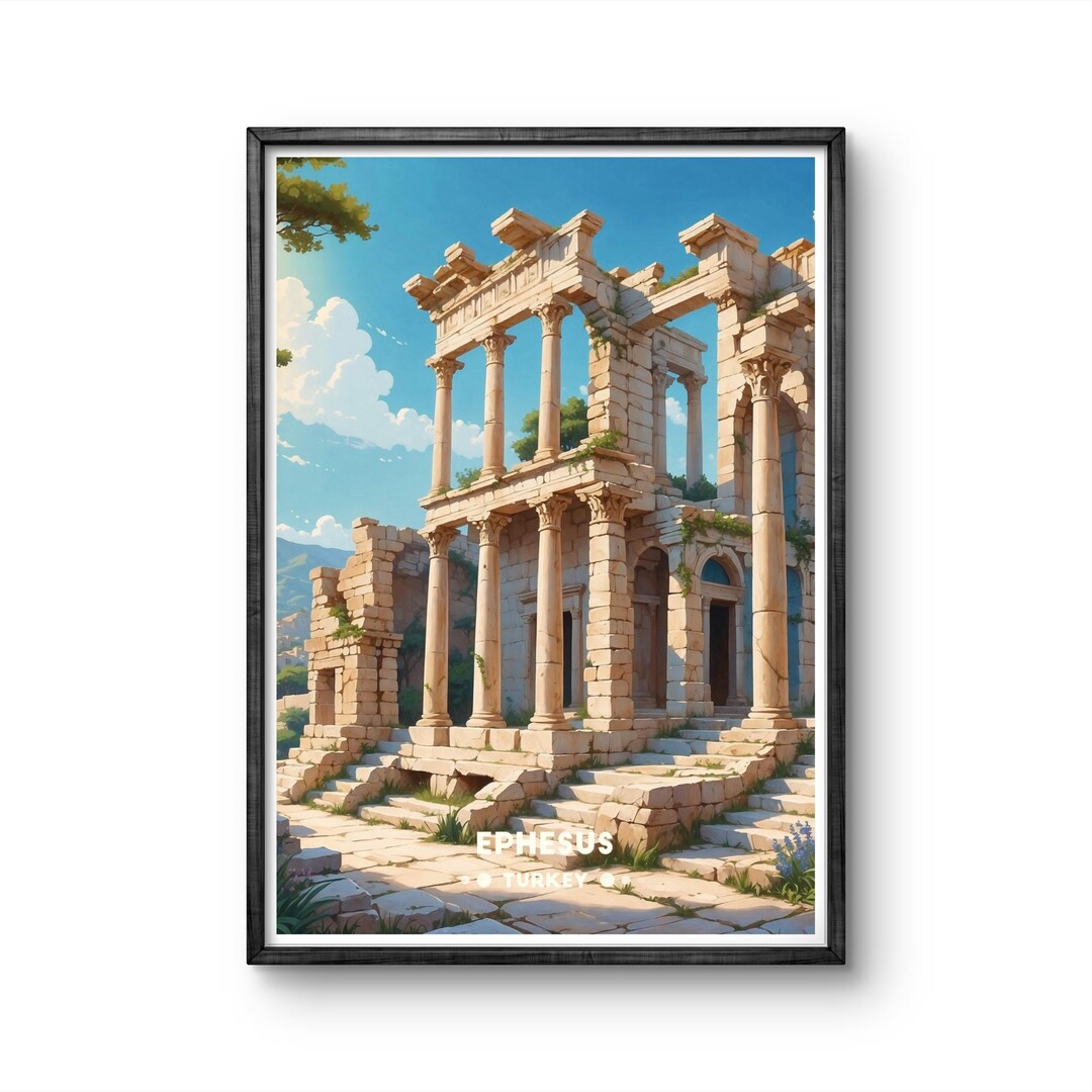 Ephesus Turkey Vintage Poster| Ancient Ruins With Columns and Blue Sky ...