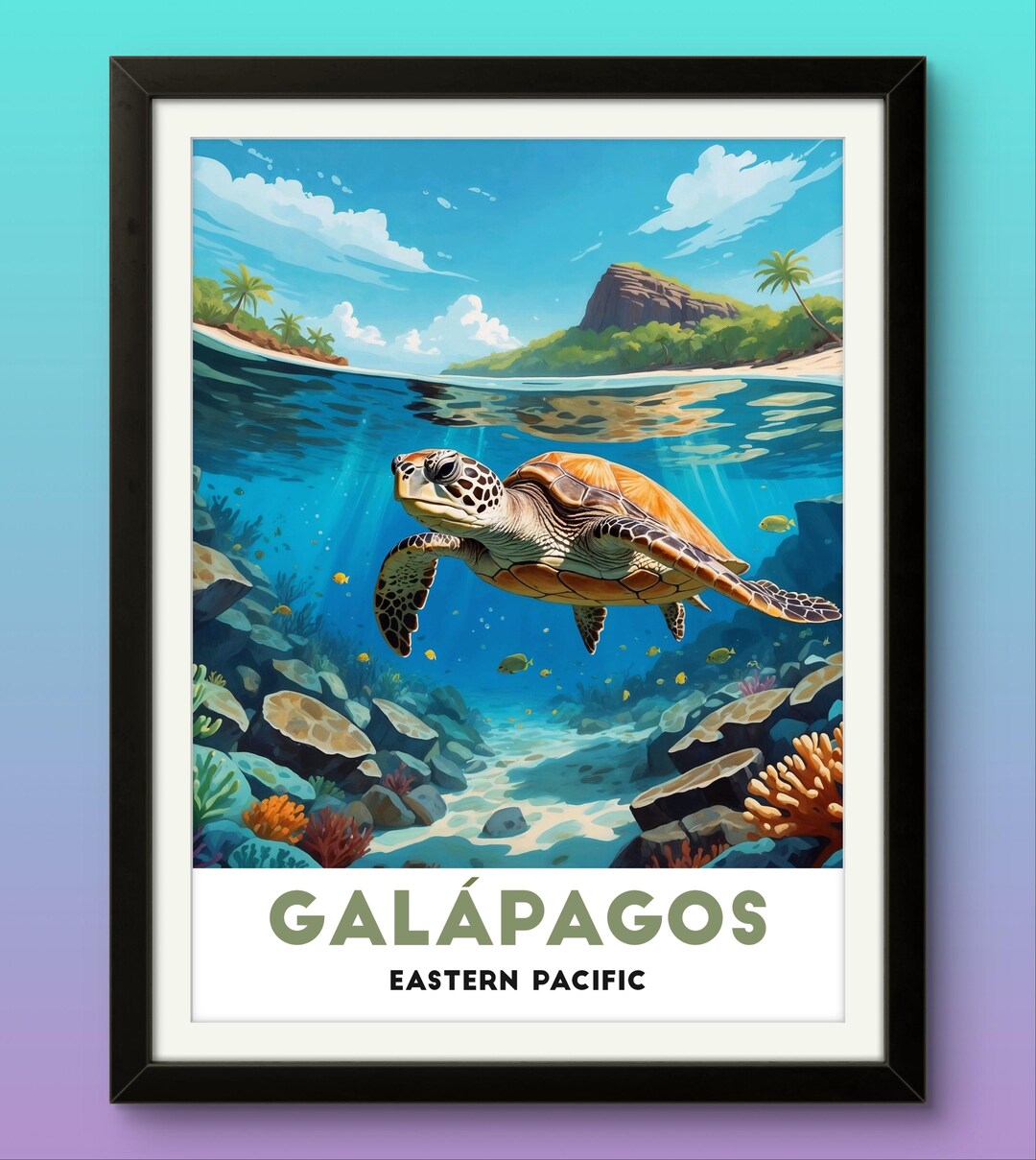 Galápagos Islands Poster Vibrant Sea Turtle in Tropical Waters Wall Art ...
