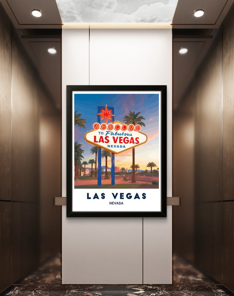LAS VEGAS Poster: Iconic Welcome Sign and Vibrant Skyline at Sunset ...