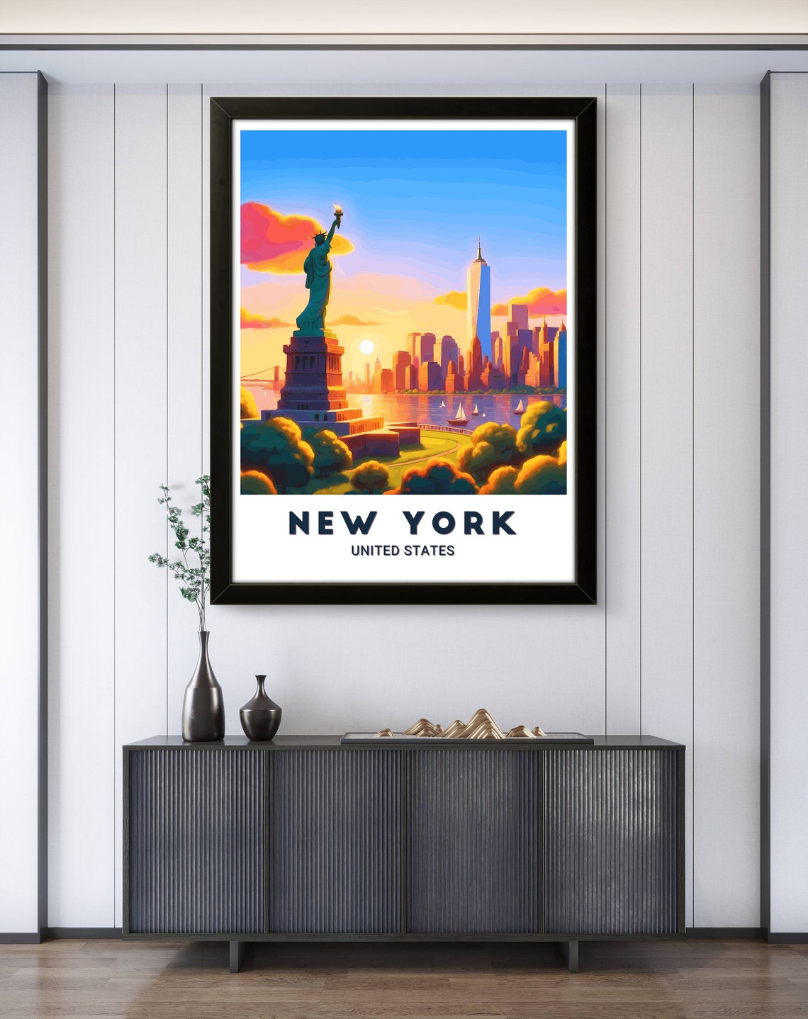 New York Poster: Stunning Sunset View of the Statue of Liberty and ...