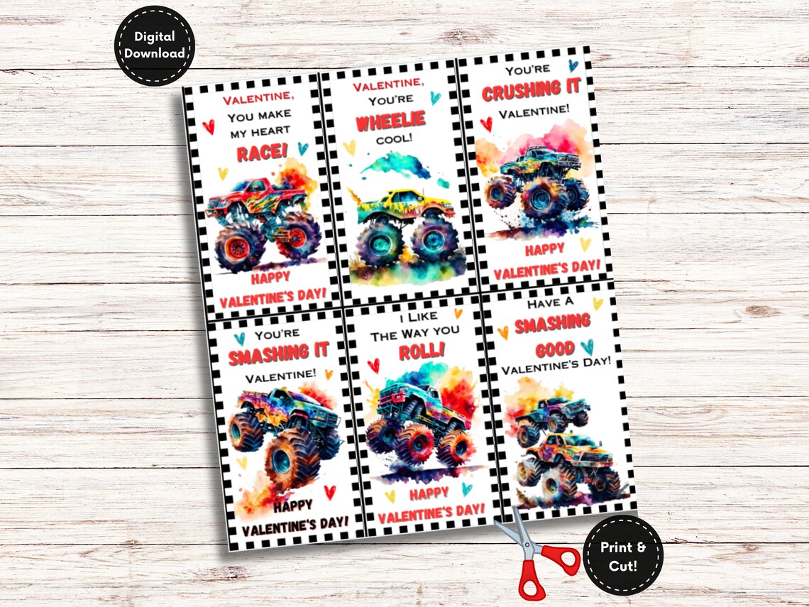 Printable Monster Truck Valentine's Day Card, Kids Valentines Day Card ...