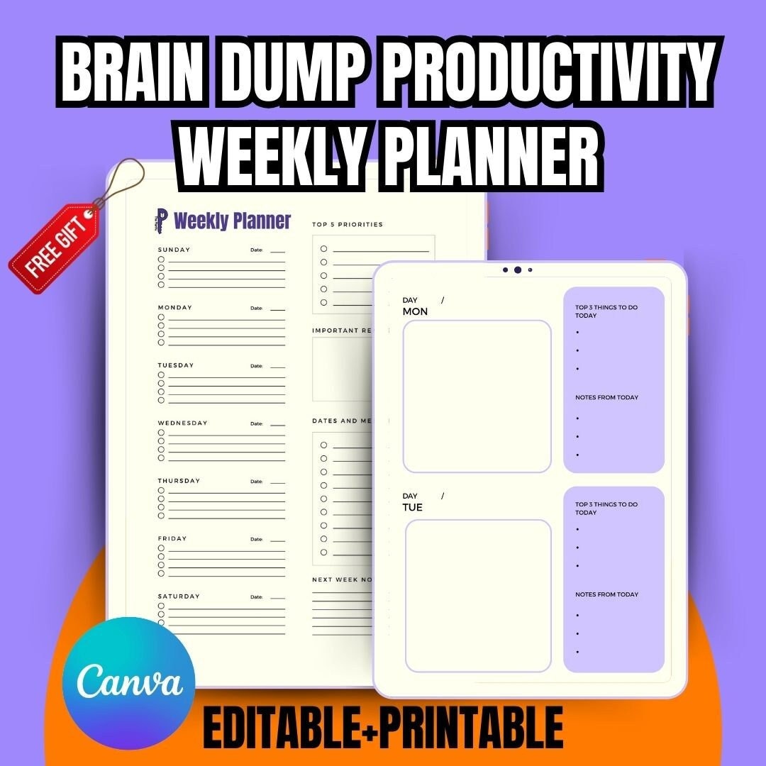 EDITABLE Brain Dump Productivity Weekly Planner, to Do List Printable ...