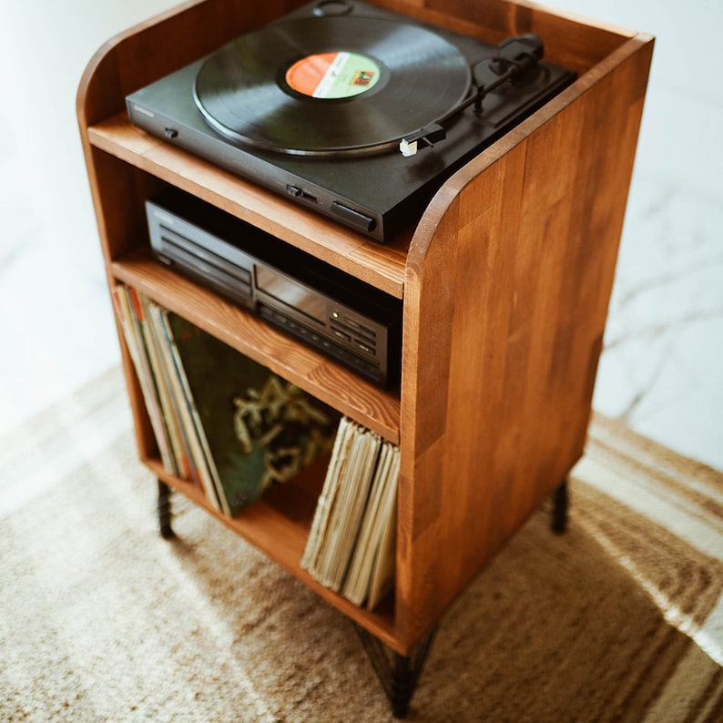 Solid Wood Record Player Stand With Storage Mid Century Modern Record ...