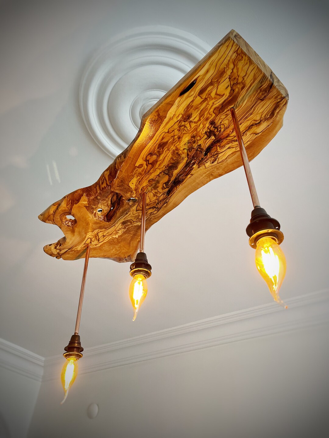 Olive Wood, Live Edge Light Fixture, Rustic Wood Chandelier, Hanging ...