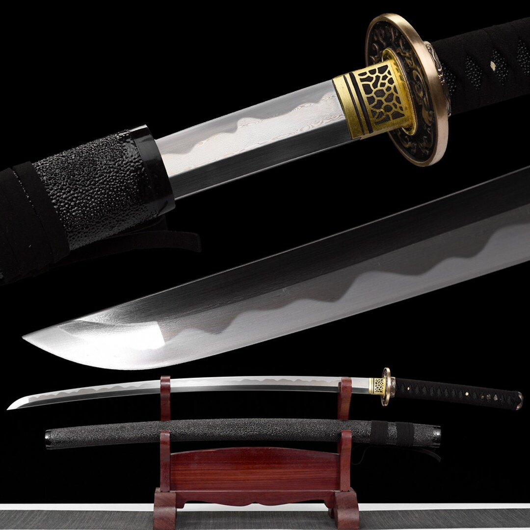 Lack Katana,all Copper Tsuba Samurai Sword,pattern Steel Blade,handmade ...