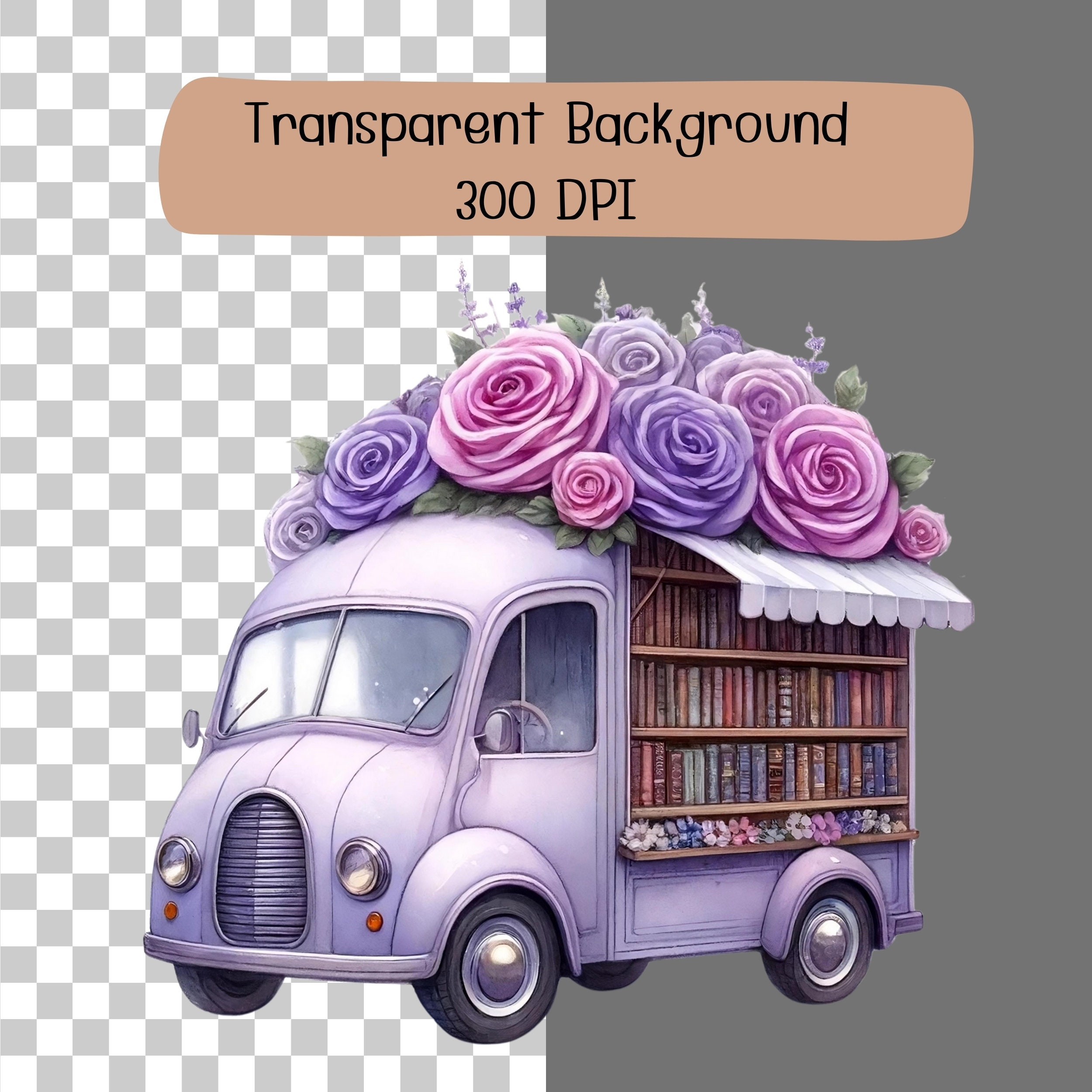 Book Van Floral Clipart Vintage Rose Bookmobile PNG Set, Digital ...
