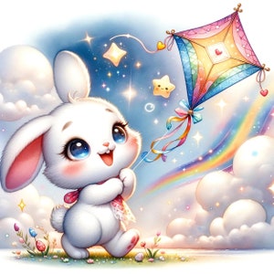 Easter Bunny Kite Digital Art - Whimsical Bunny Flying Kite Clipart ...