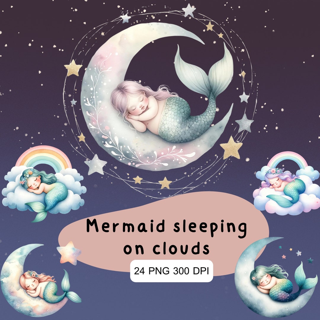 Mermaid Dreams Digital Clipart Sleepy Mermaid on Moon With Stars and ...